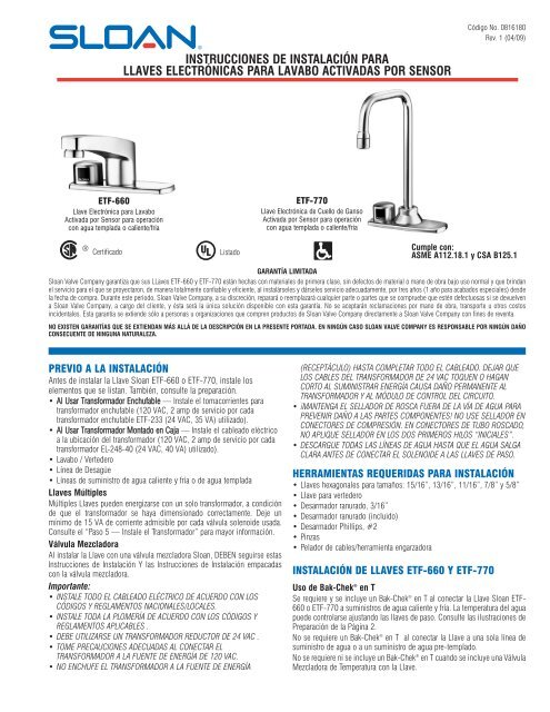 ETF-660 ETF-770 - Sloan Valve Company