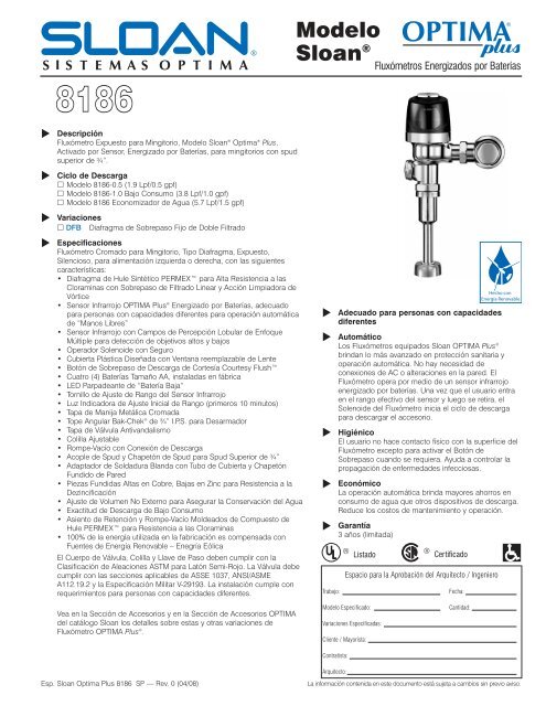 Especificaciones del Sloan Optima Plus 8186 - Sloan Valve Company