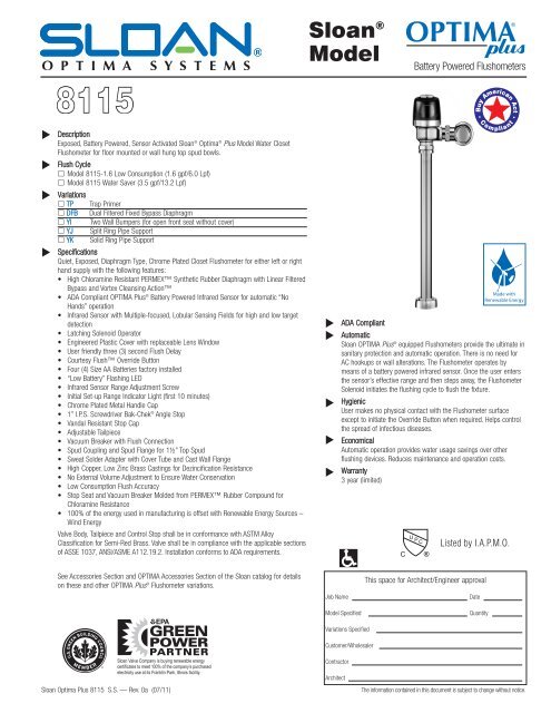 Sloan Optima Plus 8115 Specification - Sloan Valve Company