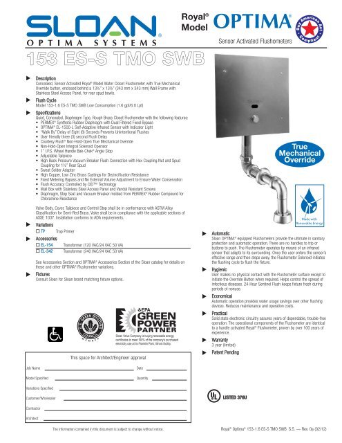 Royal Optima 153 ES-S TMO SWB - Sloan Valve Company