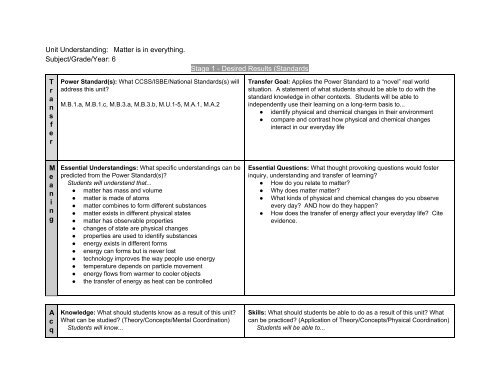 Ubd Unit on Matter and Energy