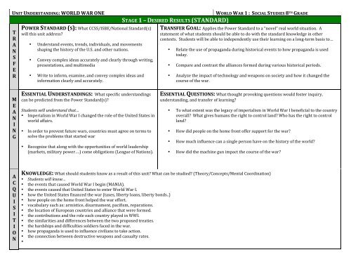 World War One Unit - Understanding by Design