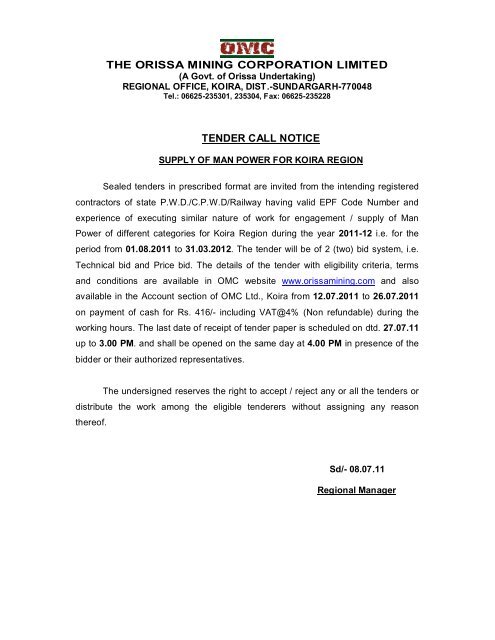 the orissa mining corporation limited tender call notice