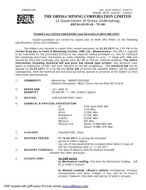 Iron Ore Export Tender - Net - Orissa Mining Corporation