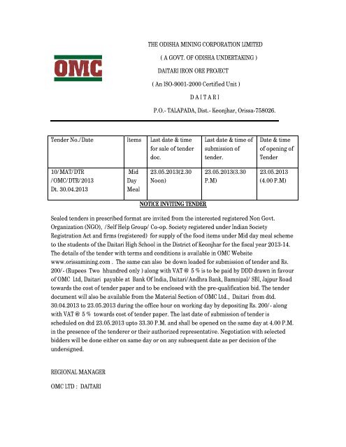 DAITARI IRON ORE PROJECT - Orissa Mining Corporation
