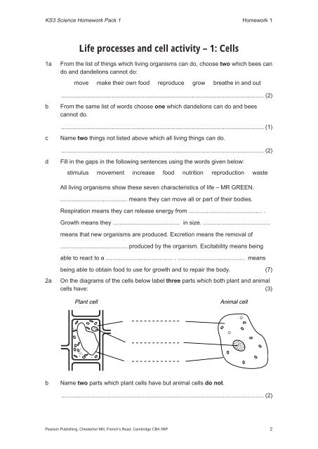 Life processes and cell activity â 1: Cells - Pearson Publishing