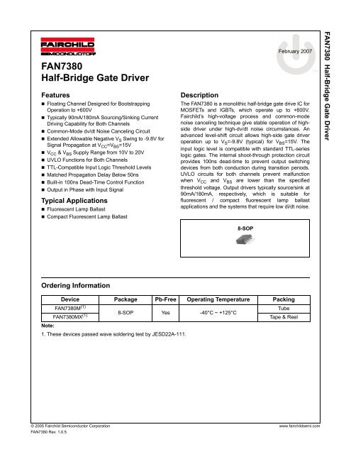FAN7380 Half-Bridge Gate Driver - Fairchild Semiconductor