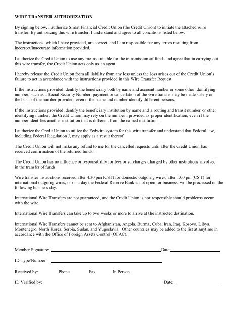 to download a Wire Authorization form - Smart Financial Credit Union