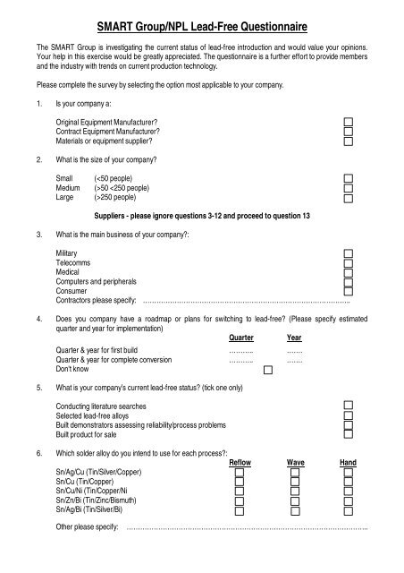 SMART Group/NPL Lead-Free Questionnaire