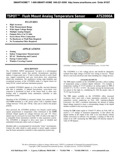 TSPOTâ ¢ Flush Mount Analog Temperature Sensor ... - Smarthome