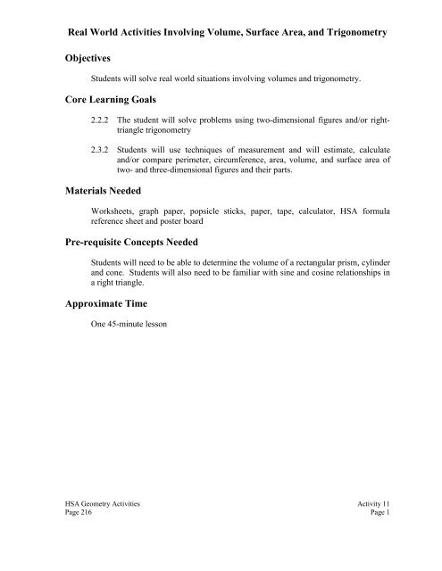 Real World Activities Involving Volume, Surface Area - mdk12