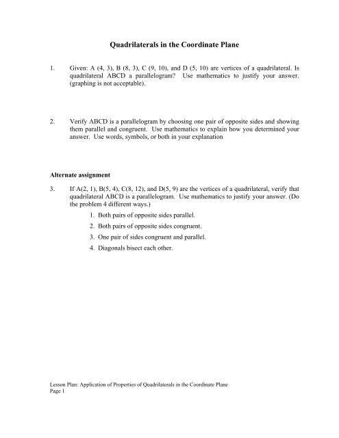 Quadrilaterals In The Coordinate Plane Graph Each Quadrilateral Using