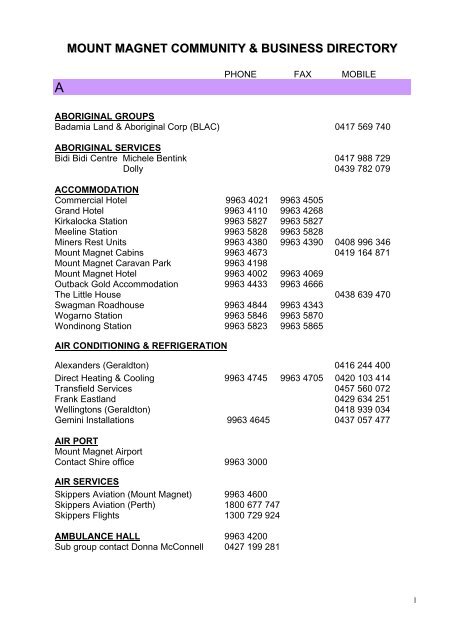 mount magnet community & business directory - Shire Of Mount ...