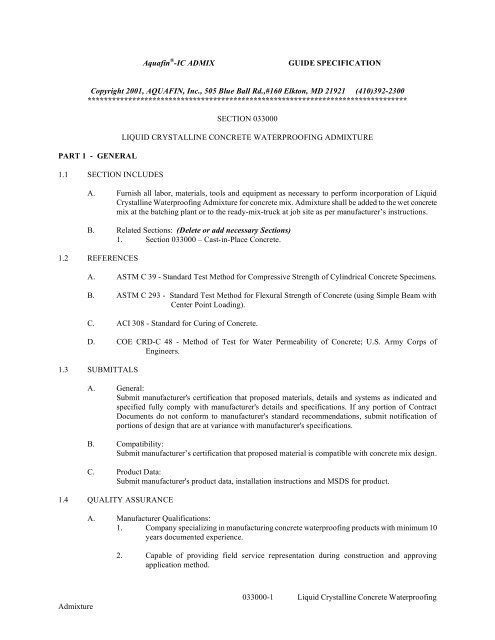 Concrete Waterproofing Additive - Crystalline (IC ... - AQUAFIN Inc.