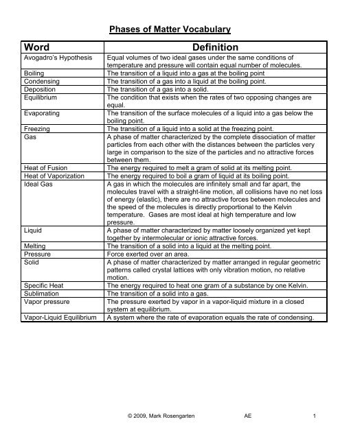 Phases of Matter Vocabulary Word Definition - Revsworld