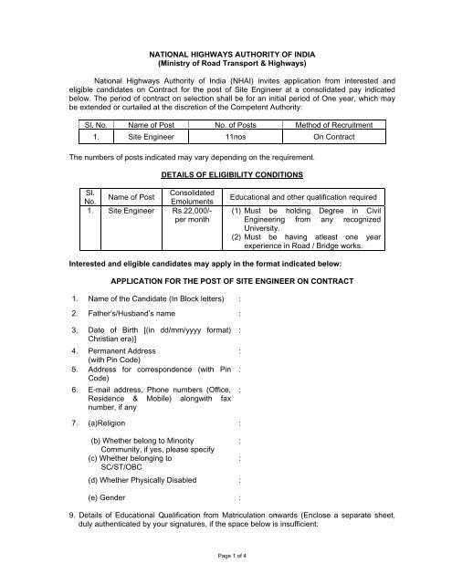 Application format - National Highways Authority of India