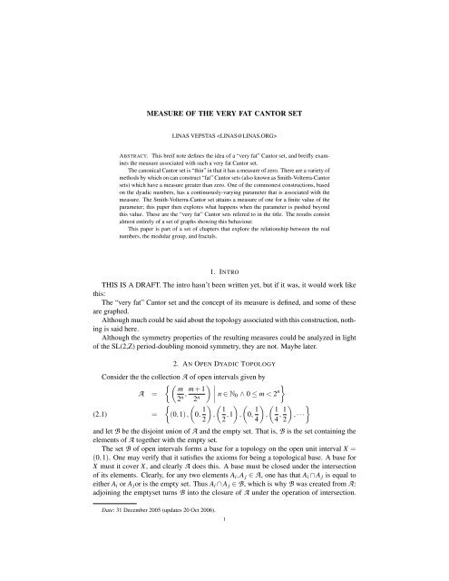 MEASURE OF THE VERY FAT CANTOR SET 1 ... - Linas Vepstas