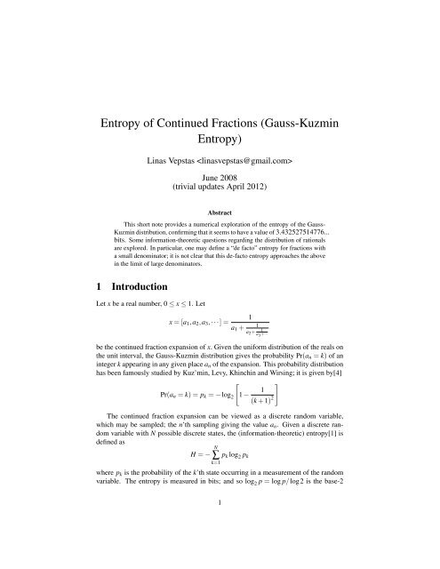 Entropy of Continued Fractions (Gauss-Kuzmin ... - Linas Vepstas