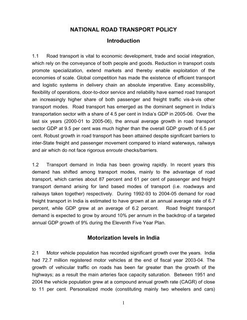 NATIONAL ROAD TRANSPORT POLICY - Ministry of Road ...