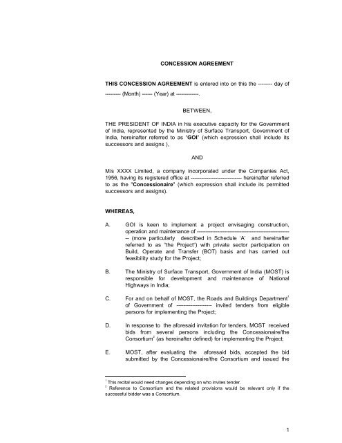 Model Concession Agreement for BOT projects upto Rs.100 crores