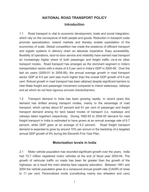 NATIONAL ROAD TRANSPORT POLICY Introduction - Ministry of ...