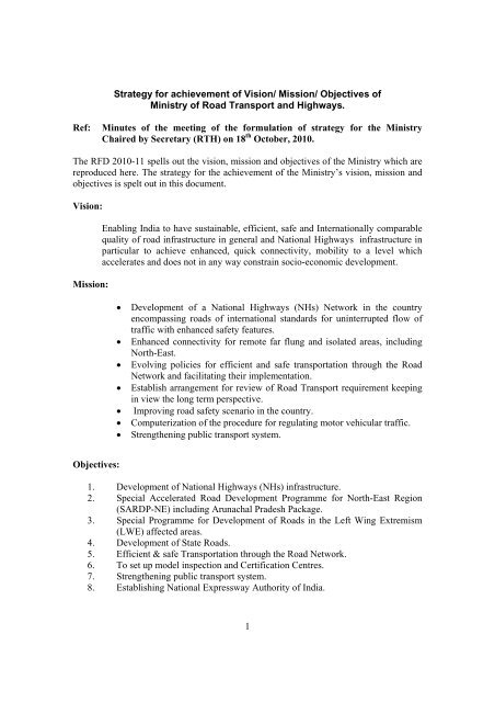 1 Strategy for achievement of Vision/ Mission/ Objectives of Ministry ...