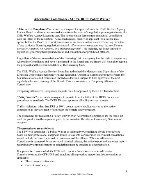 Alternative Compliance (AC) vs. DCFS Policy Waiver - Arkansas ...