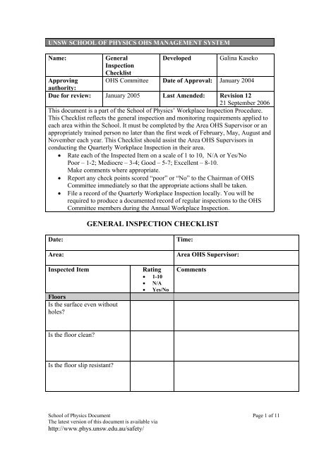 General inspection checklist rev12 - School of Physics