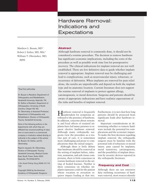 Hardware Removal: Indications and Expectations