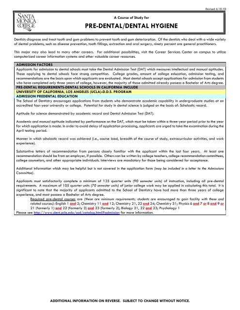 PRE-DENTAL/DENTAL HYGIENE - Santa Monica College