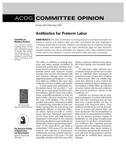 Antibiotics for preterm labor. ACOG Committee Opinion No. 445 ...