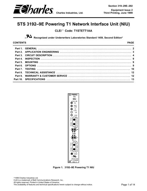 STS 3192â 9E Powering T1 Network Interface Unit (NIU) - Charles ...