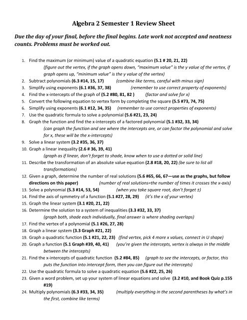 Algebra 2 Formulas List