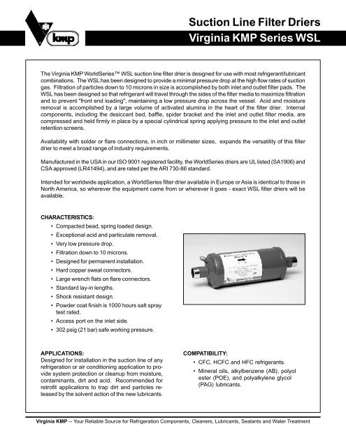 Suction Line Filter Driers Virginia KMP Series WSL