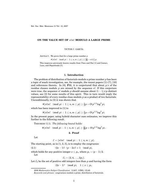 ON THE VALUE SET OF n!m! MODULO A LARGE PRIME 1 ...