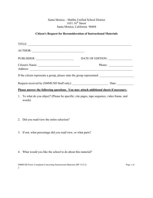 Citizen's Request for Reconsideration of Instructional Materials Form