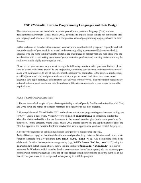 CSE 425 Studio: Intro to Programming Languages and their Design
