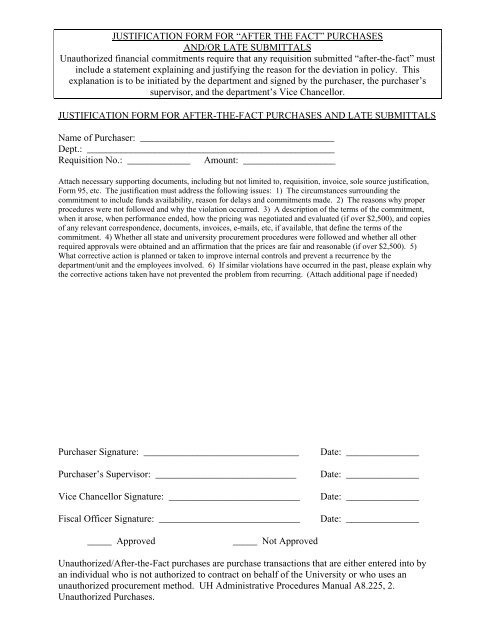 JUSTIFICATION FORM FOR â AFTER THE FACTâ PURCHASES