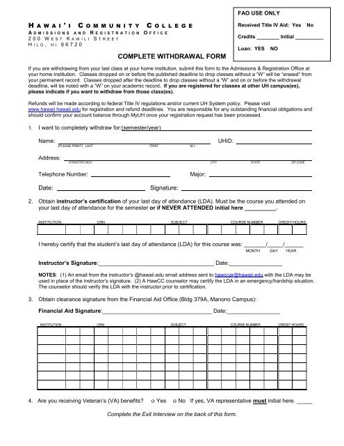 complete withdrawal form - Hawaii Community College - University ...