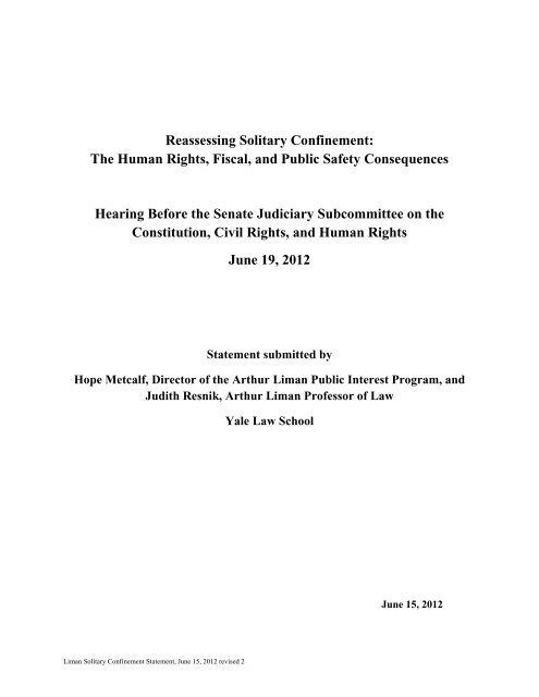 Hope Metcalf and Judith Resnik, Yale Law School - Solitary Watch