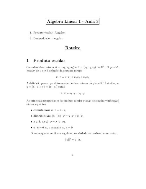 Â´Algebra Linear I - Aula 3 Roteiro 1 Produto escalar