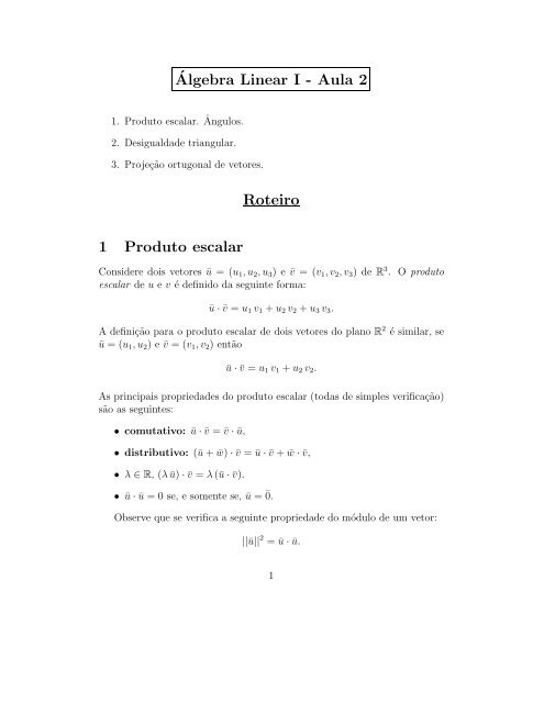 Â´Algebra Linear I - Aula 2 Roteiro 1 Produto escalar