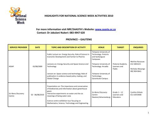 schedule for national science week activities 2010 - saasta