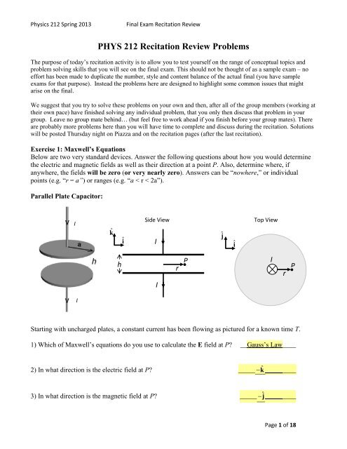 PHYS 212 Recitation Review Problems PHYS 212 Recitation Review Problems