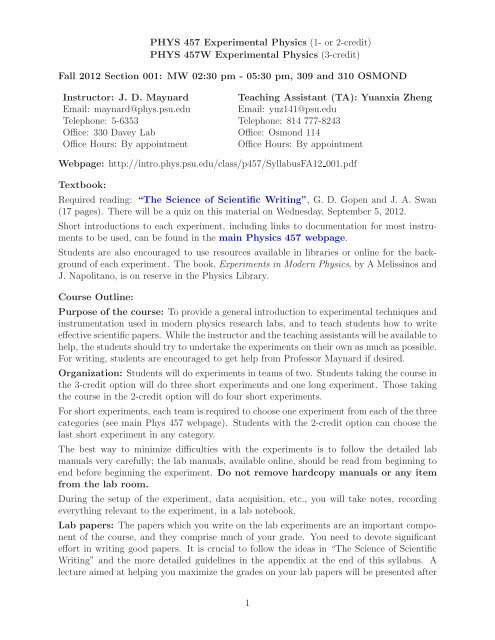 PHYS 457 Experimental Physics (1- or 2-credit) - Penn State ...