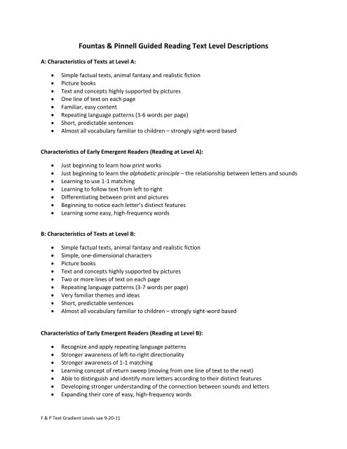 Fountas Pinnell Guided Reading Text Level Descriptions