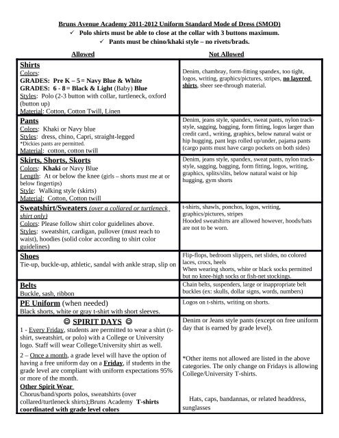 Ranson Middle School 2009-2010 Uniform Standard Mode of Dress