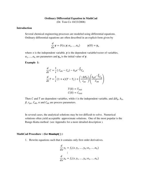 ODE using Rkadapt( ) in MathCad - Chemical Engineering