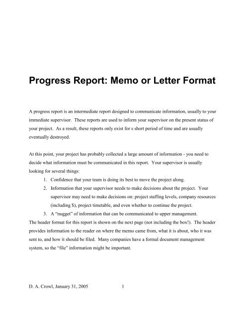 Progress Report Memo Or Letter Format