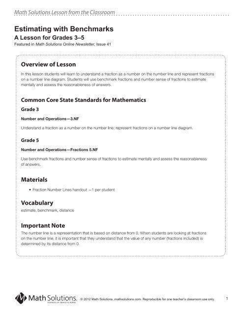 Estimating with Benchmarks A Lesson for Grades 3â 5 - Math Solutions